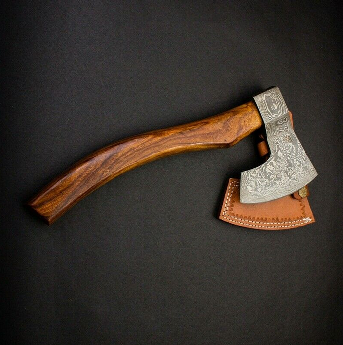 CUSTOM HAND FORGED DAMASCUS STEEL BURL WOOD CAMPING AXE WITH LEATHER ...