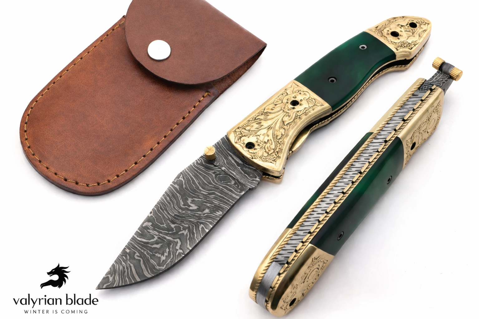 Handmade Damascus Pocket knife with Green Bone Handle,Bras Bolster and ...